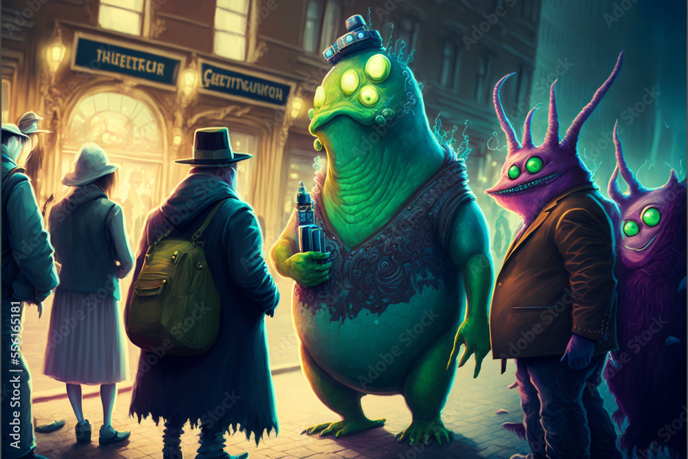 Group of alien tourists in a big city during a tour. Guide with ...