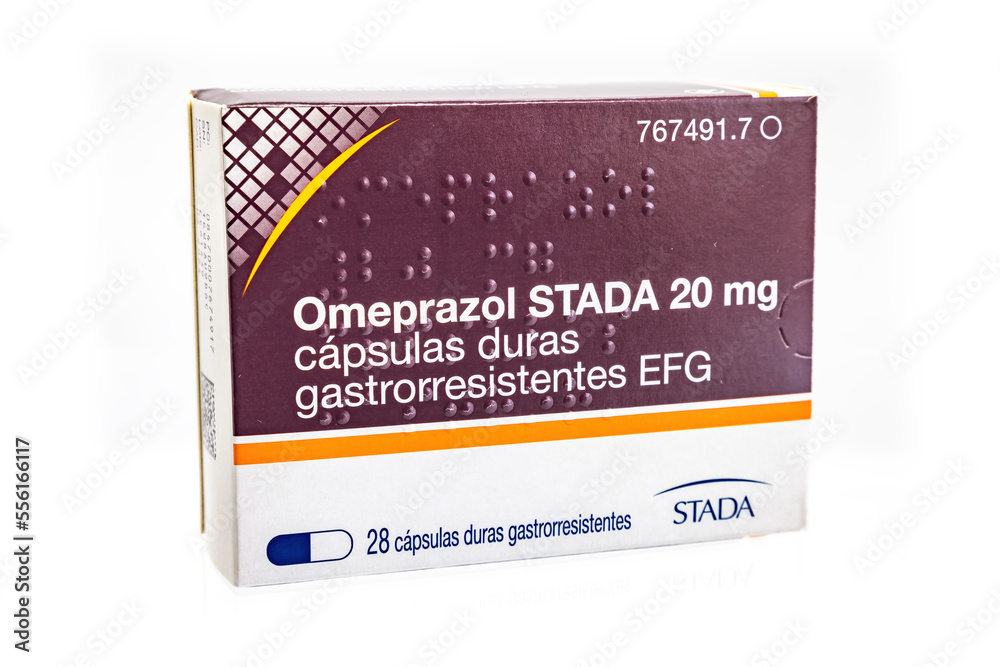 Huelva, Spain - December 24, 2022: Spanish box of Omeprazole from Stada ...