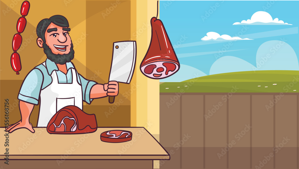 cartoon vector illustration, butcher cut the meat, butcher shop ...