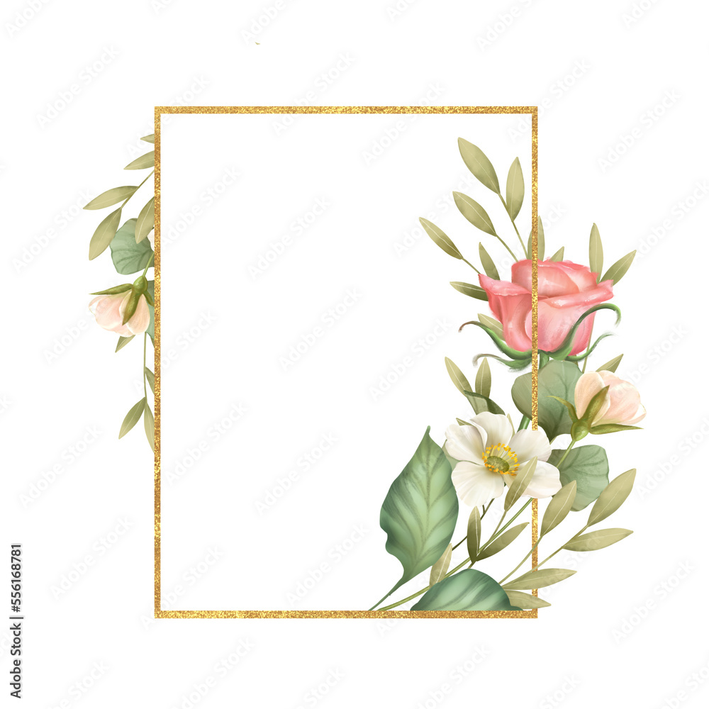 Gold rectangle frame with flowers and leaves. Floral Wedding card decor ...