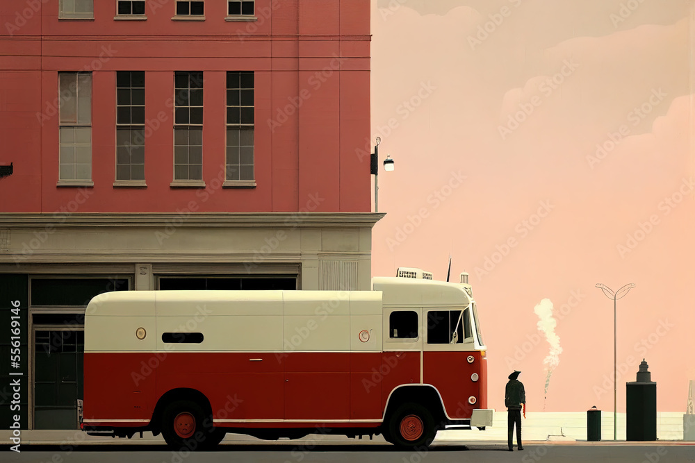 Painting, fireman putting out fire on pavement, beside retro fire ...