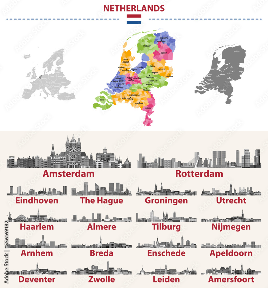 Vetor de Netherlands map with main cities on it. Dutch cities skylines ...