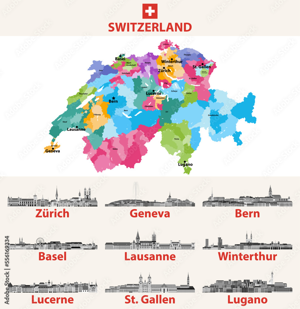 Switzerland map with main cities on it. Swiss cities skylines ...