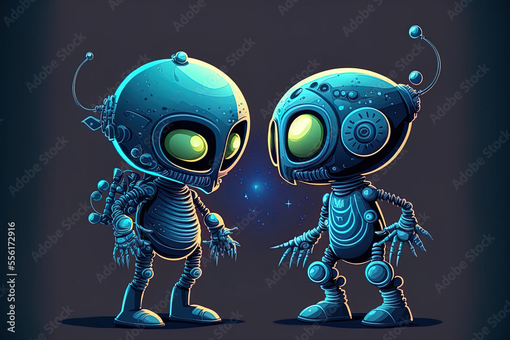 Cartoon artwork pair of alien figures wearing space suits. On a dark ...