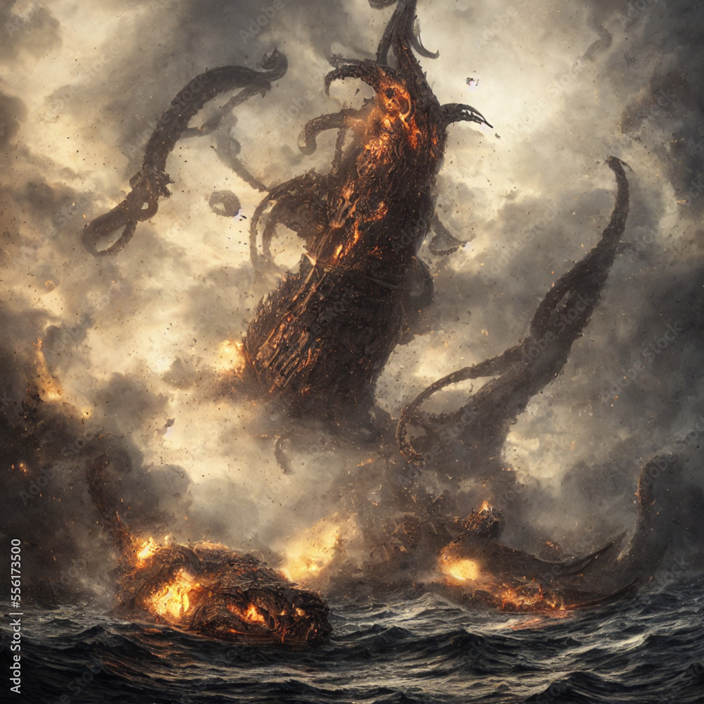 medieval ships on fire are getting destroyed by a giant kraken sea ...