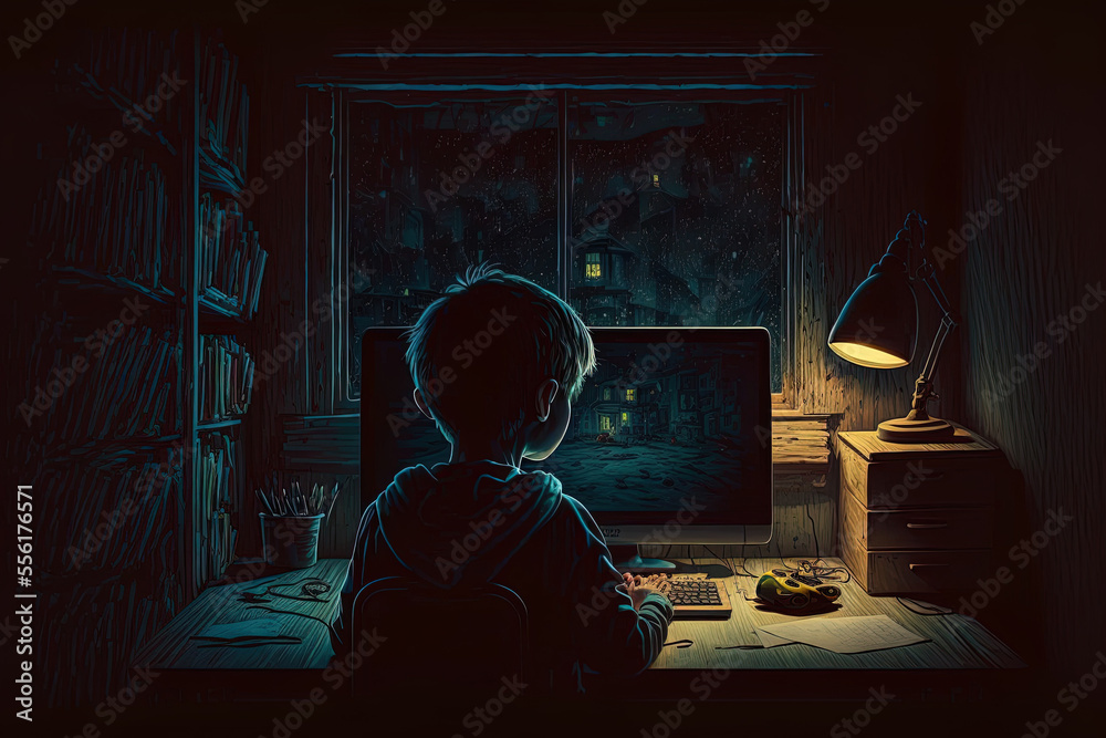 kid using pc at night child with computer in a dark room school study ...