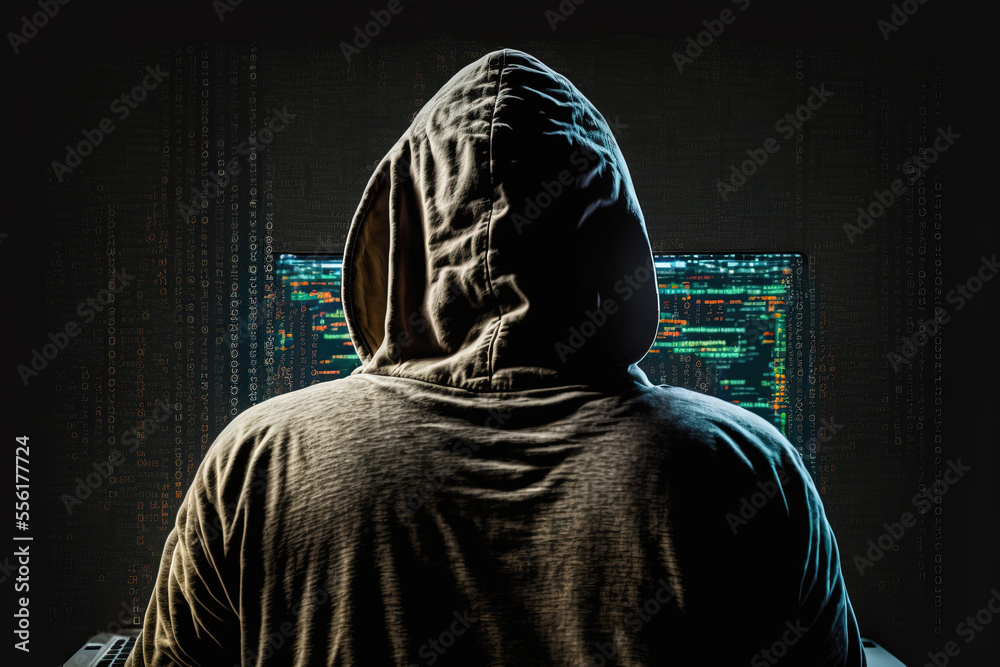 hacker in front of computer view from shoulder hacker in the hood typing text. Generative AI ...
