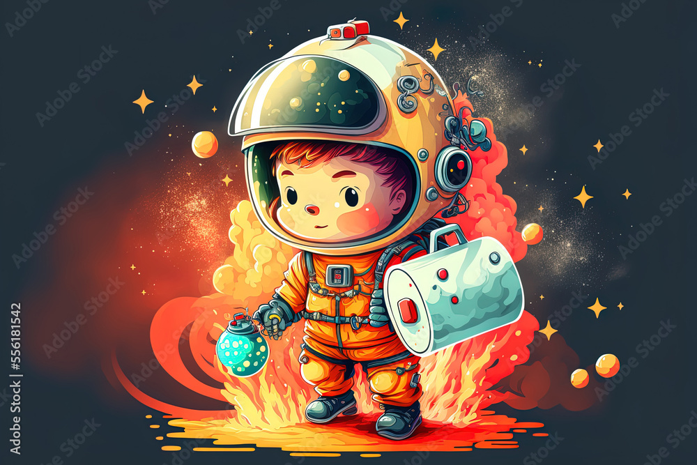 Cartoon symbol of a cute astronaut fireman holding a water container in ...