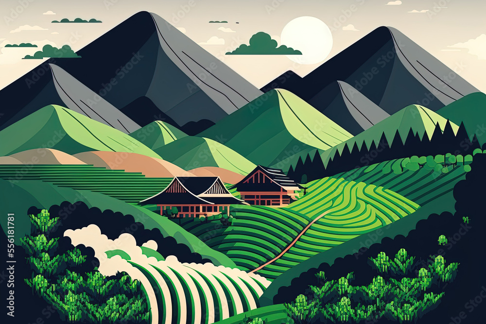 Terraced rice fields, Asian green paddy, and agricultural buildings ...