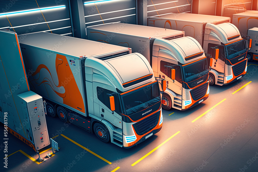 Fleet of company electric vehicles charging in the logistic hall center ...