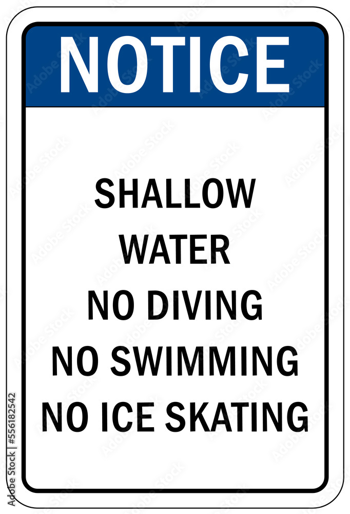 Ice warning sign and labels shallow water no diving no swimming no ice ...