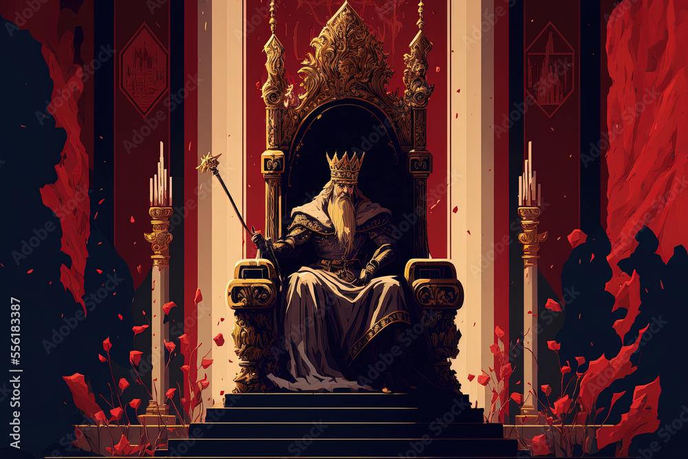 King in a medieval castle, seated on throne, wearing gold crown ...