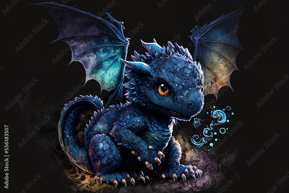 Cartoon of a cute dark blue baby dragon. Generative AI Stock ...