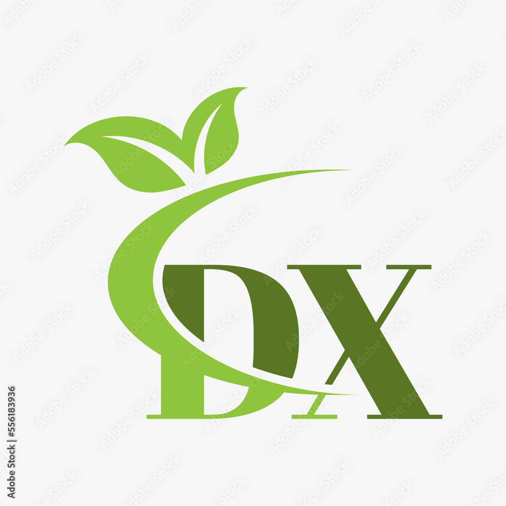 DX Letter Logo with swoosh leaves icon vector. DX creative and nature ...