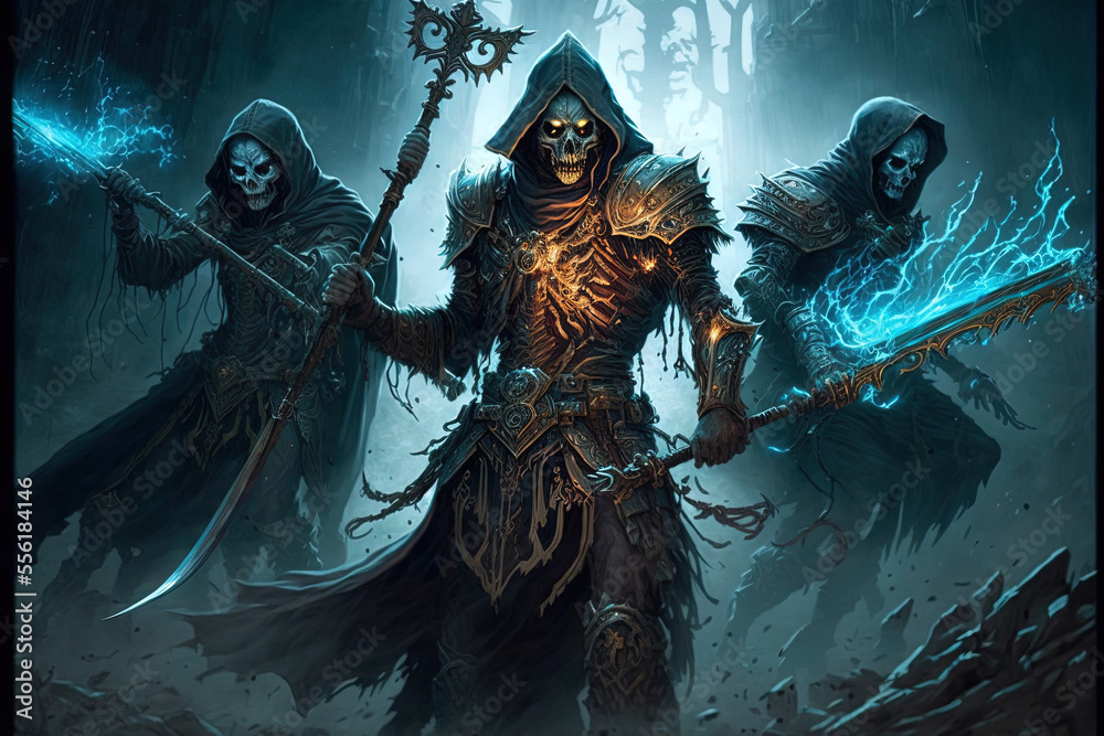 Sword wielding death knights in combat. ghosts, skeletons, and spirits ...