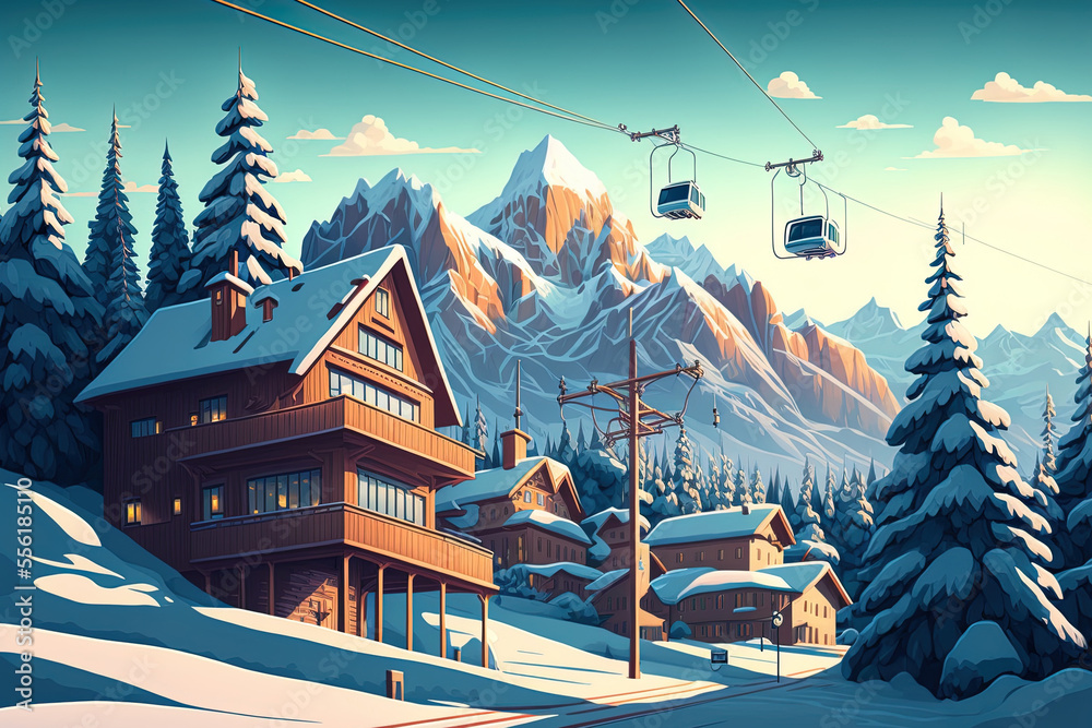Landscape of a winter mountain with homes or a cabin and a funicular ...