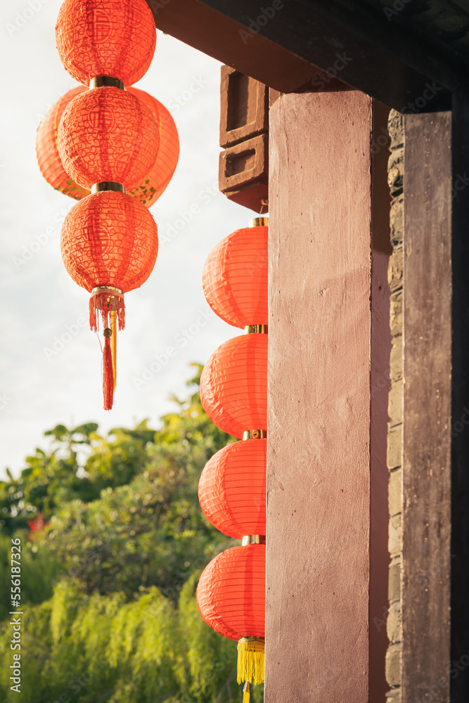 Traditional chinese lantern hanging in front of the door at the China ...
