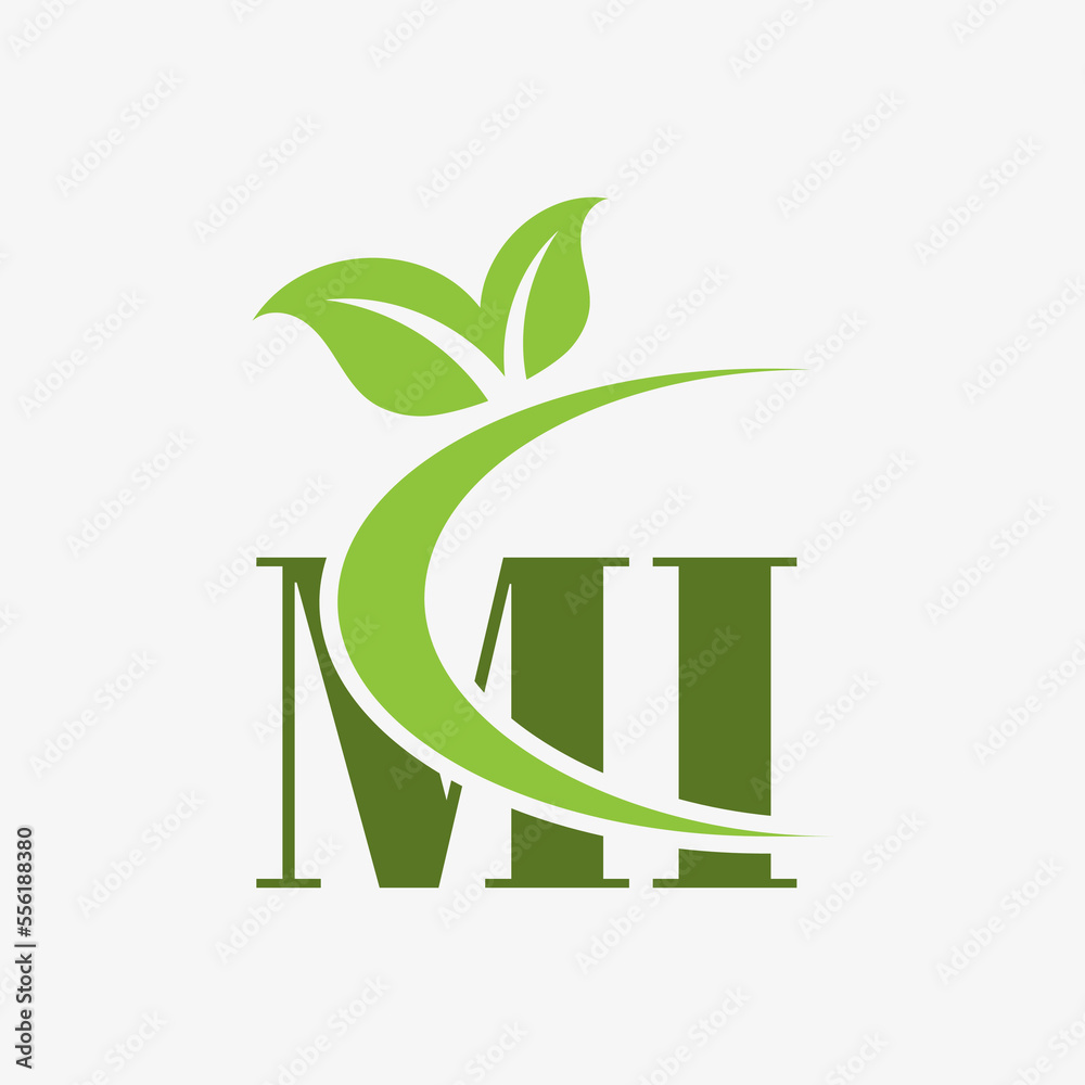 MI Letter Logo with swoosh leaves icon vector. MI creative and nature ...