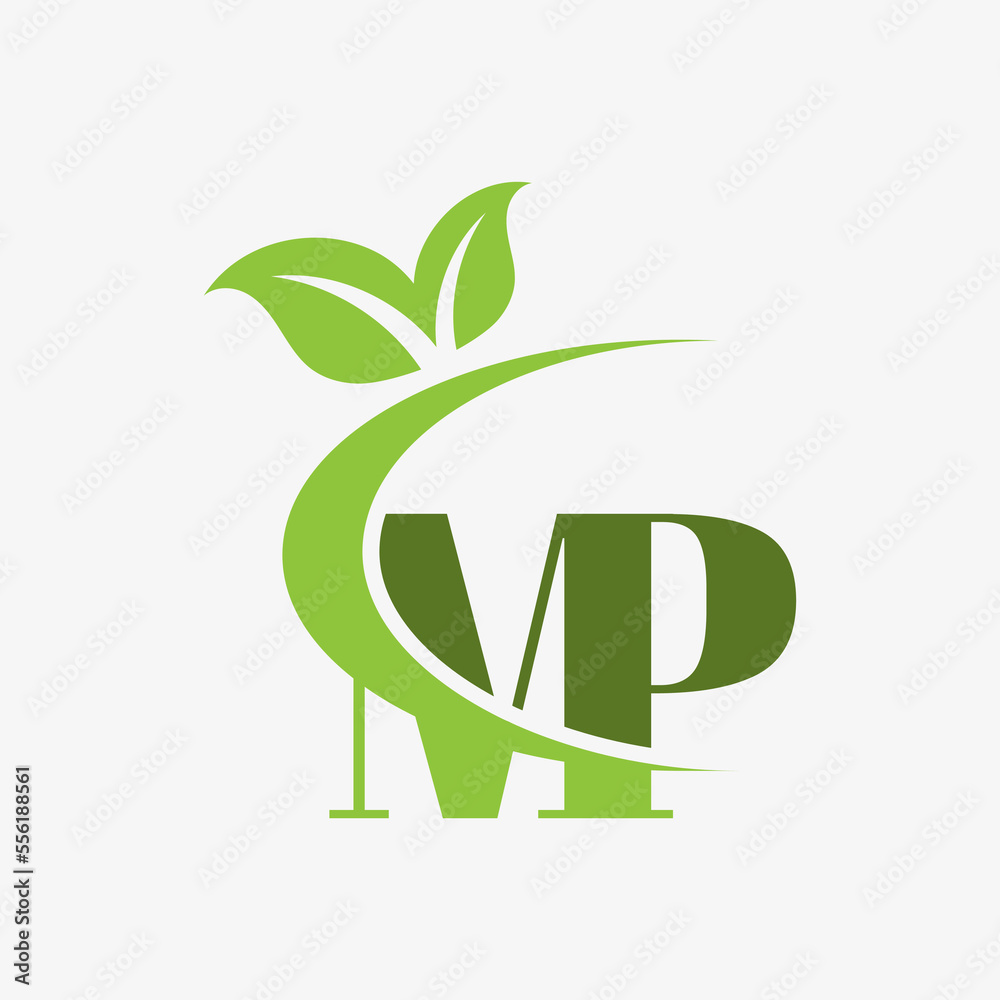 MP Letter Logo with swoosh leaves icon vector. MP creative and nature ...
