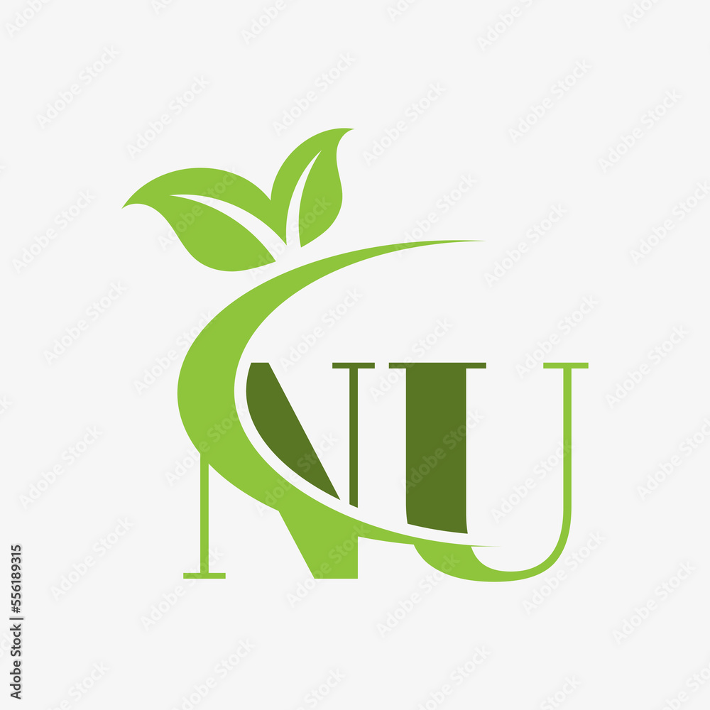 NU Letter Logo with swoosh leaves icon vector. NU creative and nature green leaves logo. NU logo ...