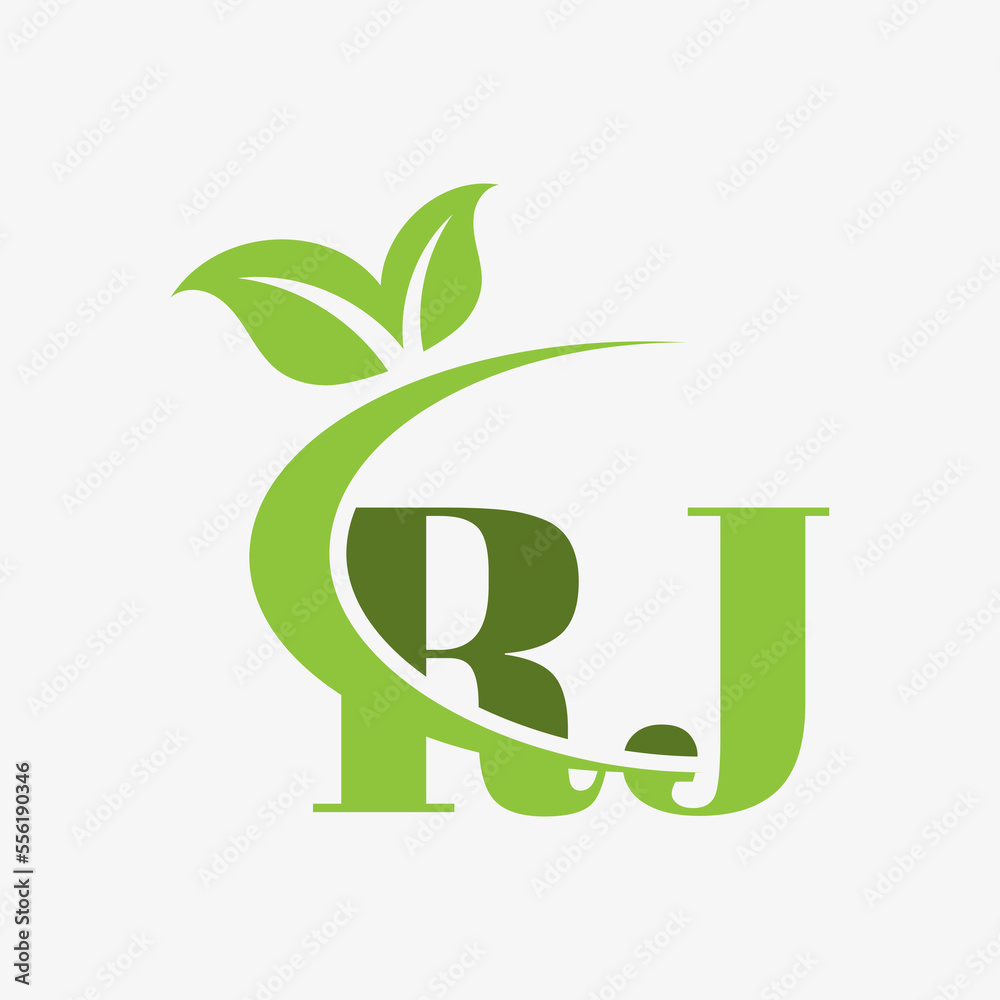 RJ Letter Logo with swoosh leaves icon vector. RJ creative and nature ...