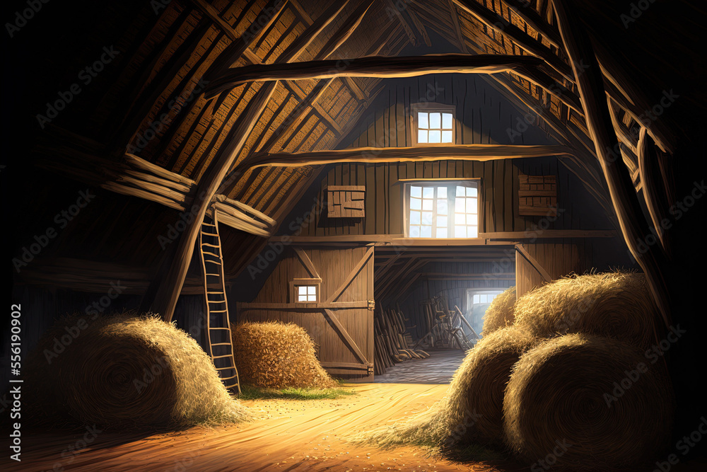 Interior of a wooden haystack barn in a rural community. Illustration ...
