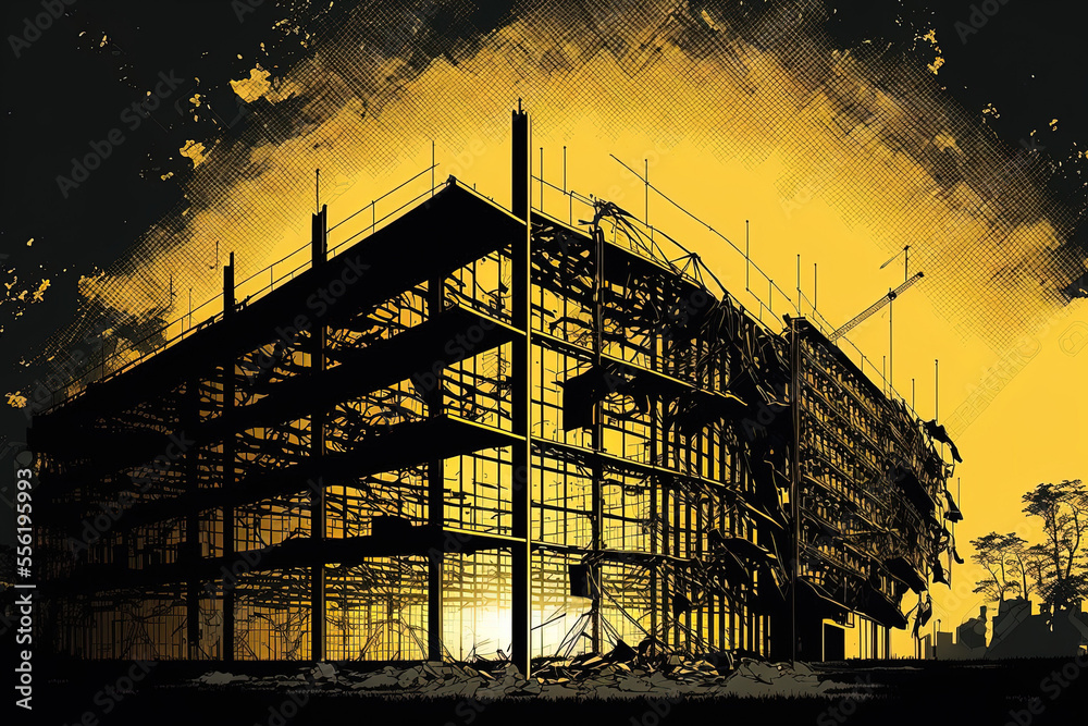 structures in construction, silhouetted. construction of a large ...