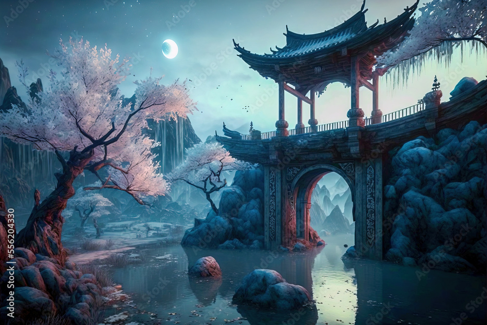 Fantasy background with mysterious ancient Chinese temple in mountains ...