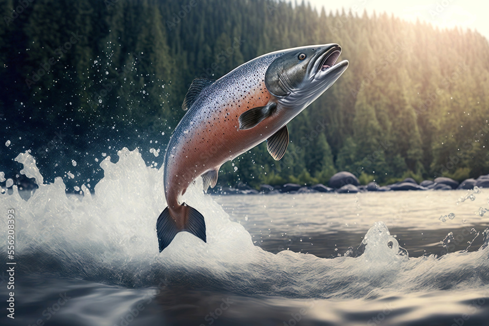 Salmon jumping out of the water created by Generative AI technology ...