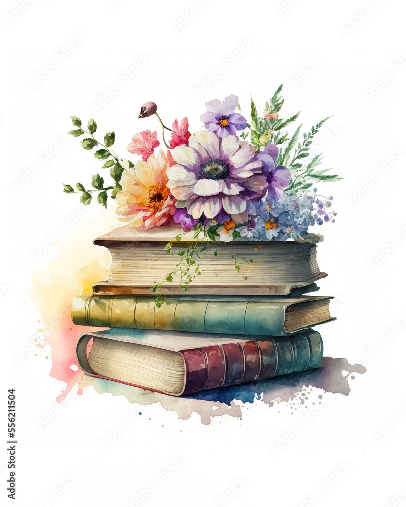 Stack Of Books And Flowers Watercolor Illustration On White Background