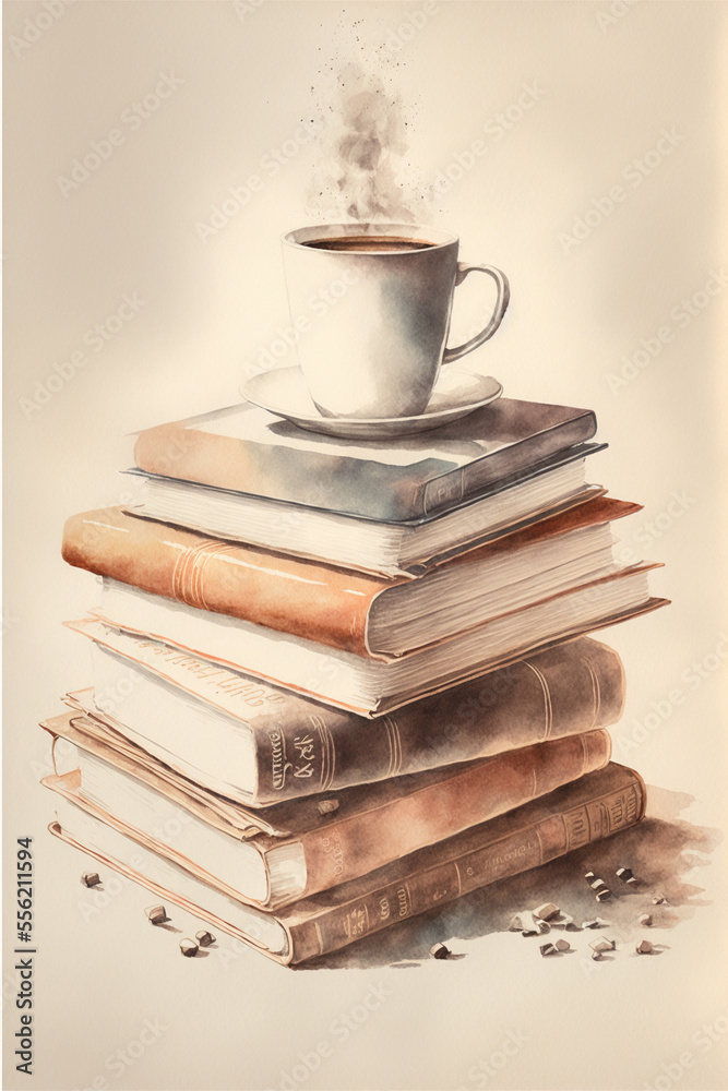 stack of old books with coffee or tea cup sitting on top AI assisted ...