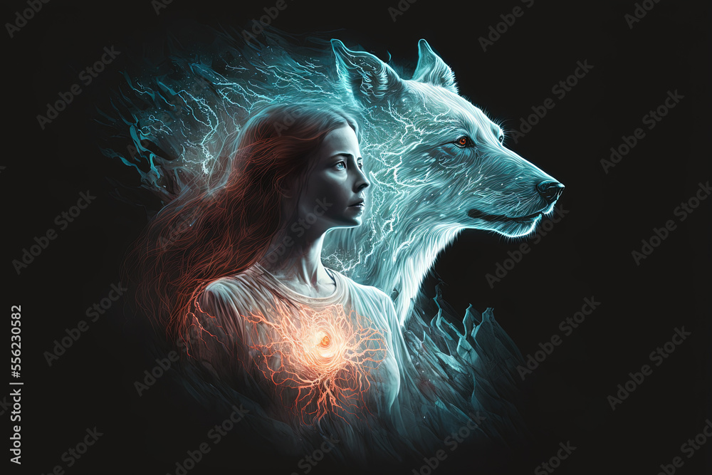 Fantasy woman with her wolf spirit guide - Created with generative AI ...