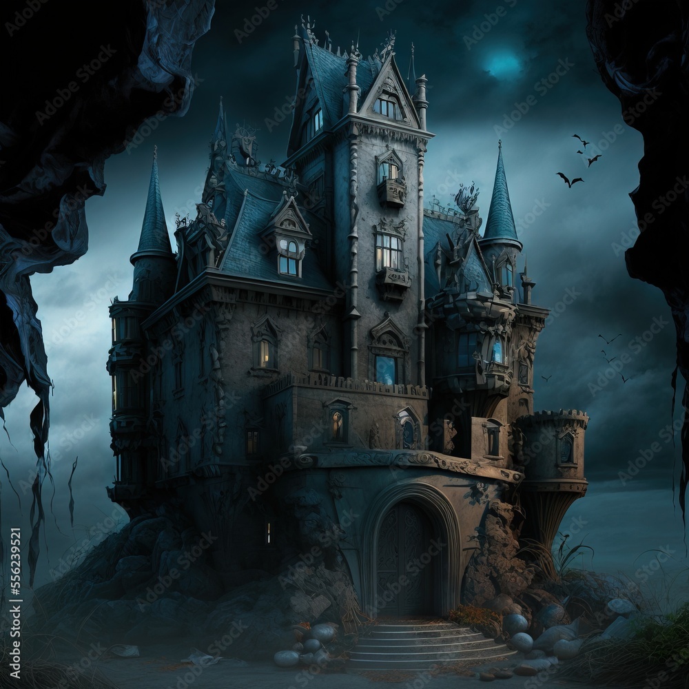 a creepy castle with a staircase leading to it and bats flying around ...