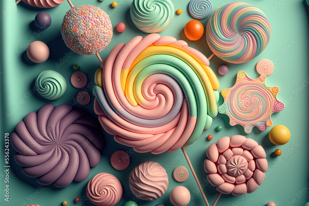 a colorful candy background with lollipops and candy balls on a blue ...