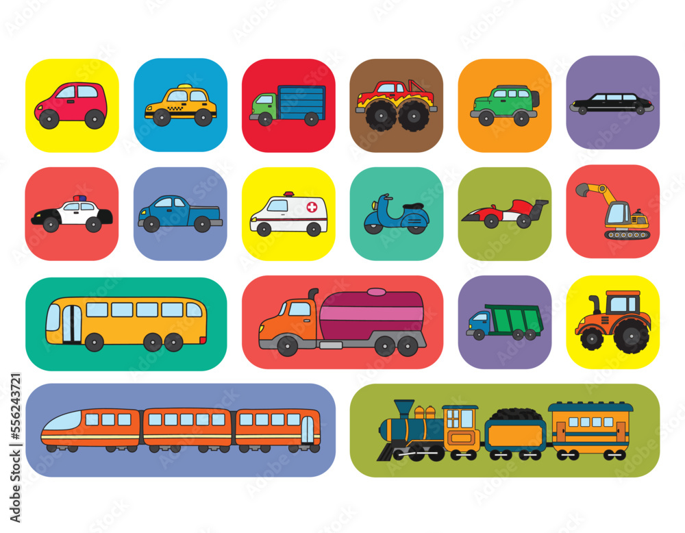 Vector illustration set of transportation vehicle car and trains icons ...