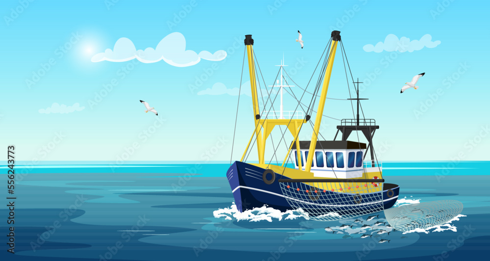 Commercial fishing ship with full fish net under water. Fishing boat ...