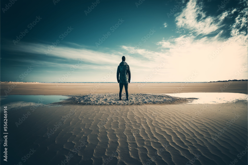 person standing on a beach, looking out at the horizon, representing ...