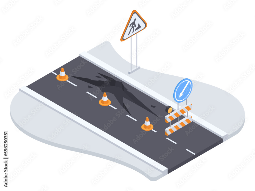 Isometric cracked city road. Urban city asphalt road under construction ...