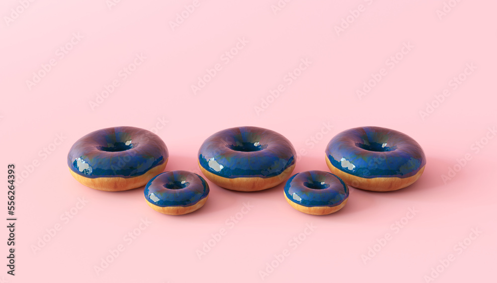Space color icing american donuts on pink background in row. Baked ...