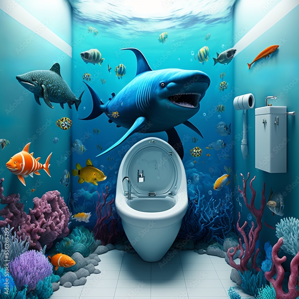 3d underwater decoration toilet in the bathroom on the wall with fish ...