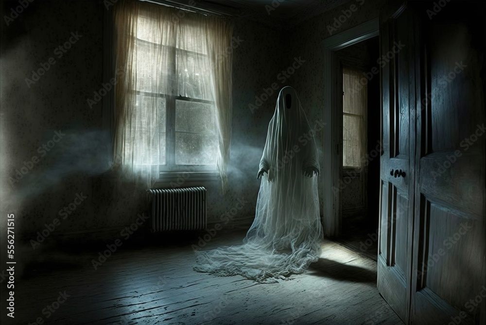 Creepy abandoned haunted house with spooky white cloth ghost ...