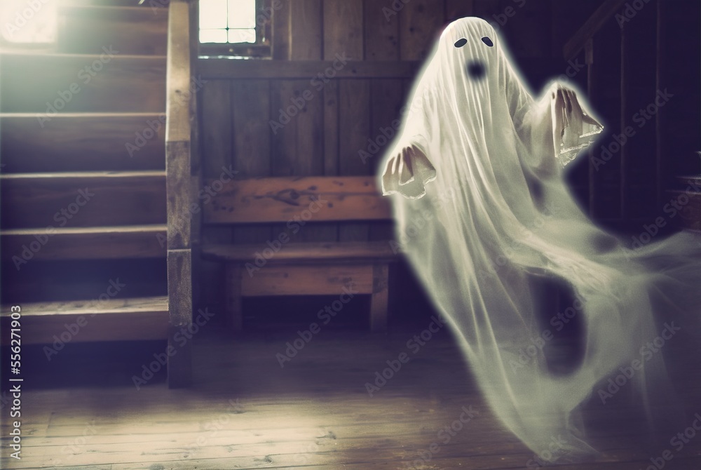 Creepy abandoned haunted house with spooky white cloth ghost ...