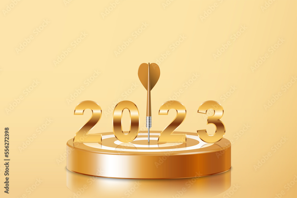 3d gold dart hit to center of golden dartboard with 2023 alphabet ...