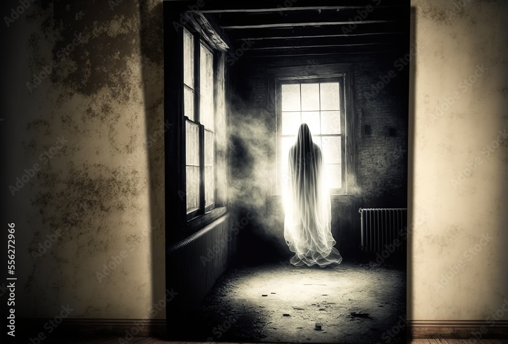 Creepy abandoned haunted house with spooky white cloth ghost ...