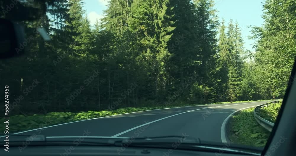 Electric car move through green forest nature. Windshield view. Eco ...