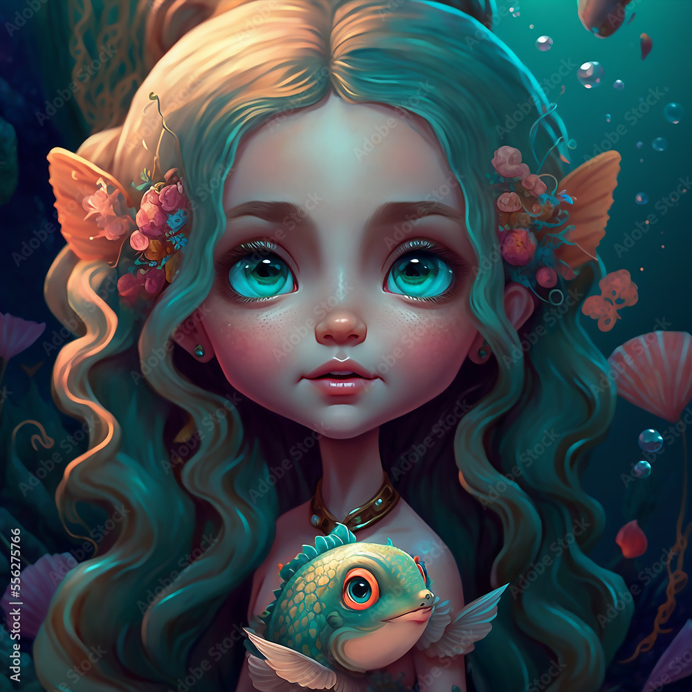Illustration of a beautiful underwater mermaid girl portrait with her ...