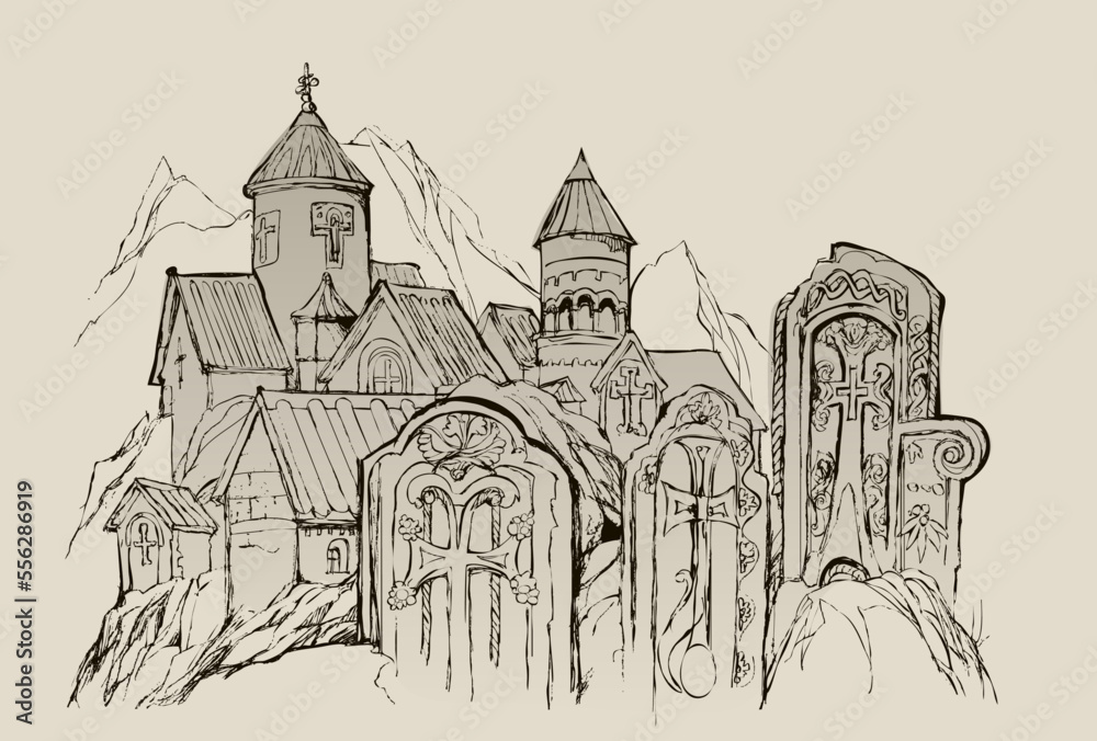 Stones of Armenia. Sketch of ancient church and old Armenian khachkar ...