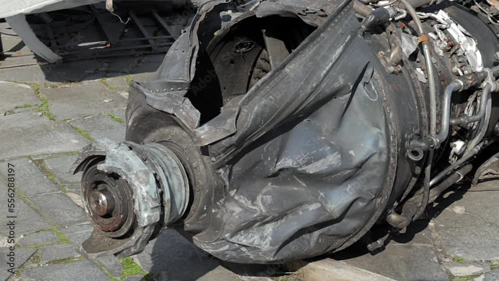 Detail of a burned out helicopter. Remains of a destroyed Russian Air ...