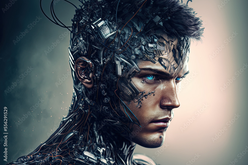 Concept of a young person with a neural network in his head. future ...