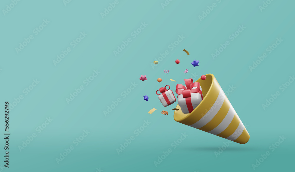 Party Popper with confetti and gift box. illustration of 3d rendering. Stock Illustration ...